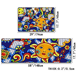 Kuizee Kitchen Mat Set of 2 Pieces Anti Fatigue Rugs Mexican Talavera Sun Traditional Decorative Soft Water Absorbent Non-Slip Standing Mats Kitchen Decor Floor,17.7"x 29" +17.7"x58"