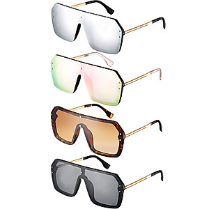 Weewooday 4 Pairs Siamese Sunglasses Mirror Flat Top Sunglasses Oversized Stylish Classic Rimless Sunglasses Eyewear for Women Men