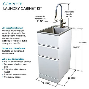 Transolid TC2D-1522-W All-in-One 15.5 in. x 22.4 in. x 34.9 in. Metal Drop-In Laundry/Utility Sink and Cabinet in Gloss White