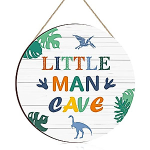 Little Man Cave Wooden Sign Dinosaur Quote Wood Plaque Nursery Hanging Wall Art Decor for Kids Toddler Boys Bedroom Playroom Living Room Decorations