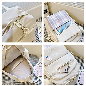 Kawaii School Backpack for Teen Girls Aesthetic Cute Adorable Back to School with Cute Pin and Bear Accessories(Off-White)
