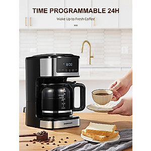 Ihomekee Programmable Coffee Maker, 12 Cup Drip Coffee Machine with Iced Coffee Function, Regular & Strong Brew, Compact Coffee Machines for Home and Office, Silver and Black, (CM9428C)