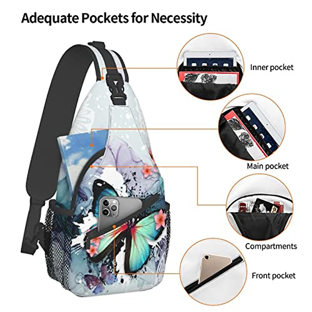 Aswuihz butterfly ink paint flowers Sling Bags Shoulder Backpack Crossbody Men Women Gym Climbing Runners Cycling Travel