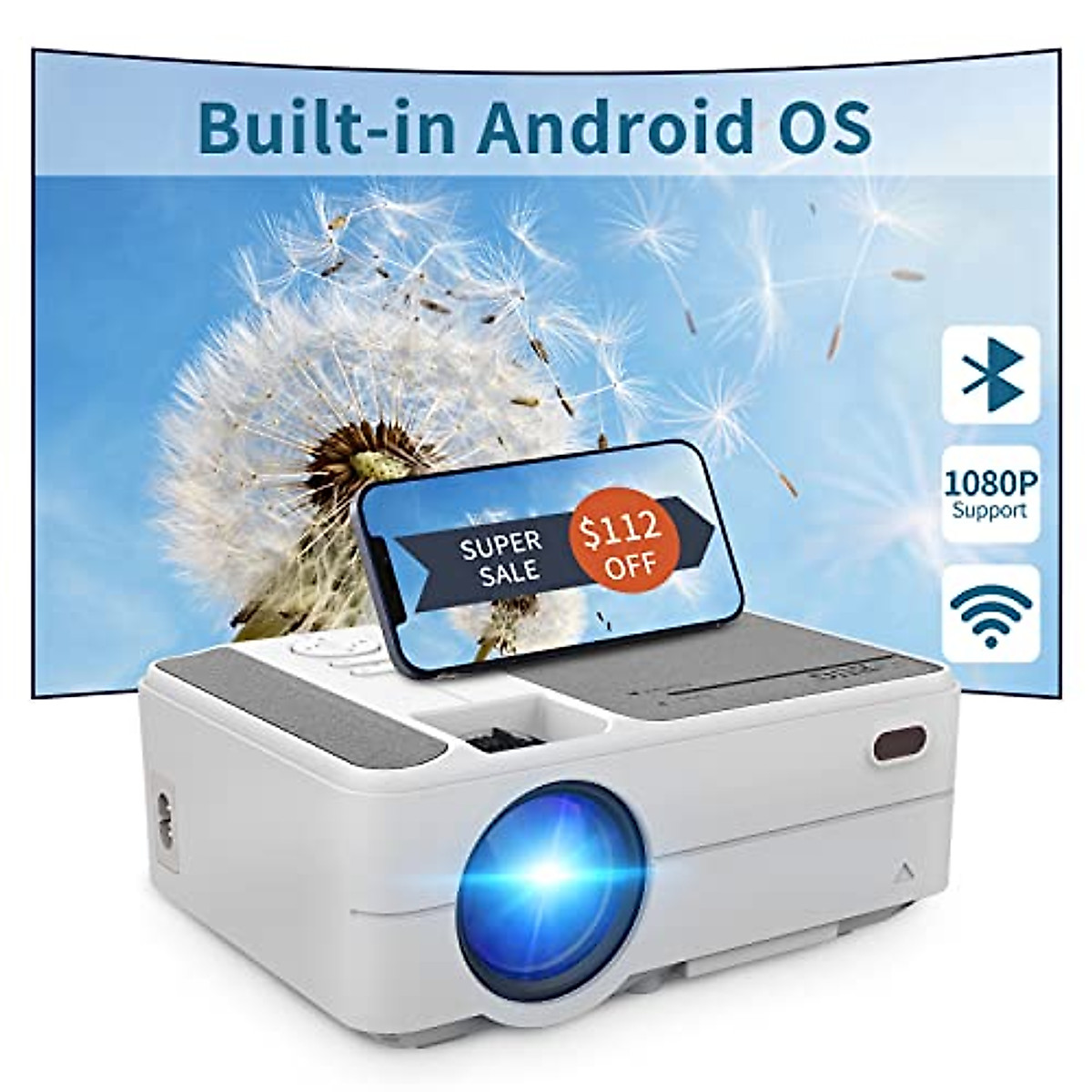 WIKISH Mini Portable Wireless Wifi Projector Bluetooth Led Outdoor Movie Hd Home Theater Video Mirror Projector for iPhone Android Gaming Ps4 Hdmi Usb