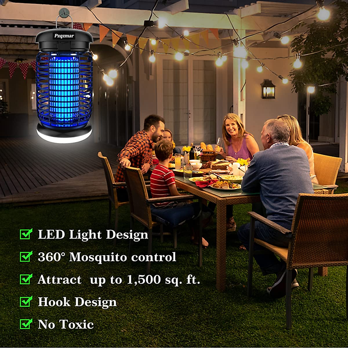 Pzqzmar Bug Zapper Outdoor with LED Light, Waterproof Mosquito Zapper, Electric Fly Zapper, Mosquito Killer & Fly Traps for Outside, Patio, Porch, Backyard, Garden