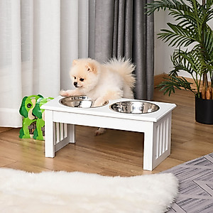 PawHut 6" Height Small Puppy Dog Feeding Station for Messy Pets, Stainless Steel Elevated Dog Bowls with Modern Wooden Frame, Dog Food Stand Pet Feeding Station, White