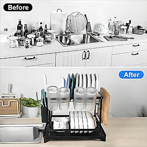 FOXMIND Dish Drying Rack,Space-Saving 2-Tier Dish Drying Rack Kitchen with Drainboard,Rustproof Kitchen Desktop Organizer with Utensil Holder & Cup Holder for Kitchen Counter,11.4''W x 16.5''L,Black