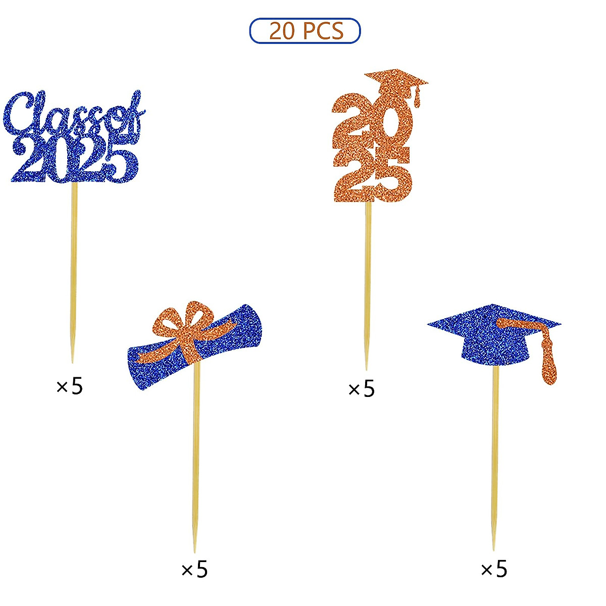Graduation Cake Topper Congrats Grad Cupcake Toppers Kindergarten High School College University Glitter Decoration Blue Orange