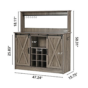 4ever2buy Farmhouse Coffee Bar Cabinet with Sliding Barn Doors, 50 Inch Coffee Bar Hutch with 6 Hooks, Gray Coffee Bar with 9 Mug Rack, Hutch Cabinet with Storage for Living Room