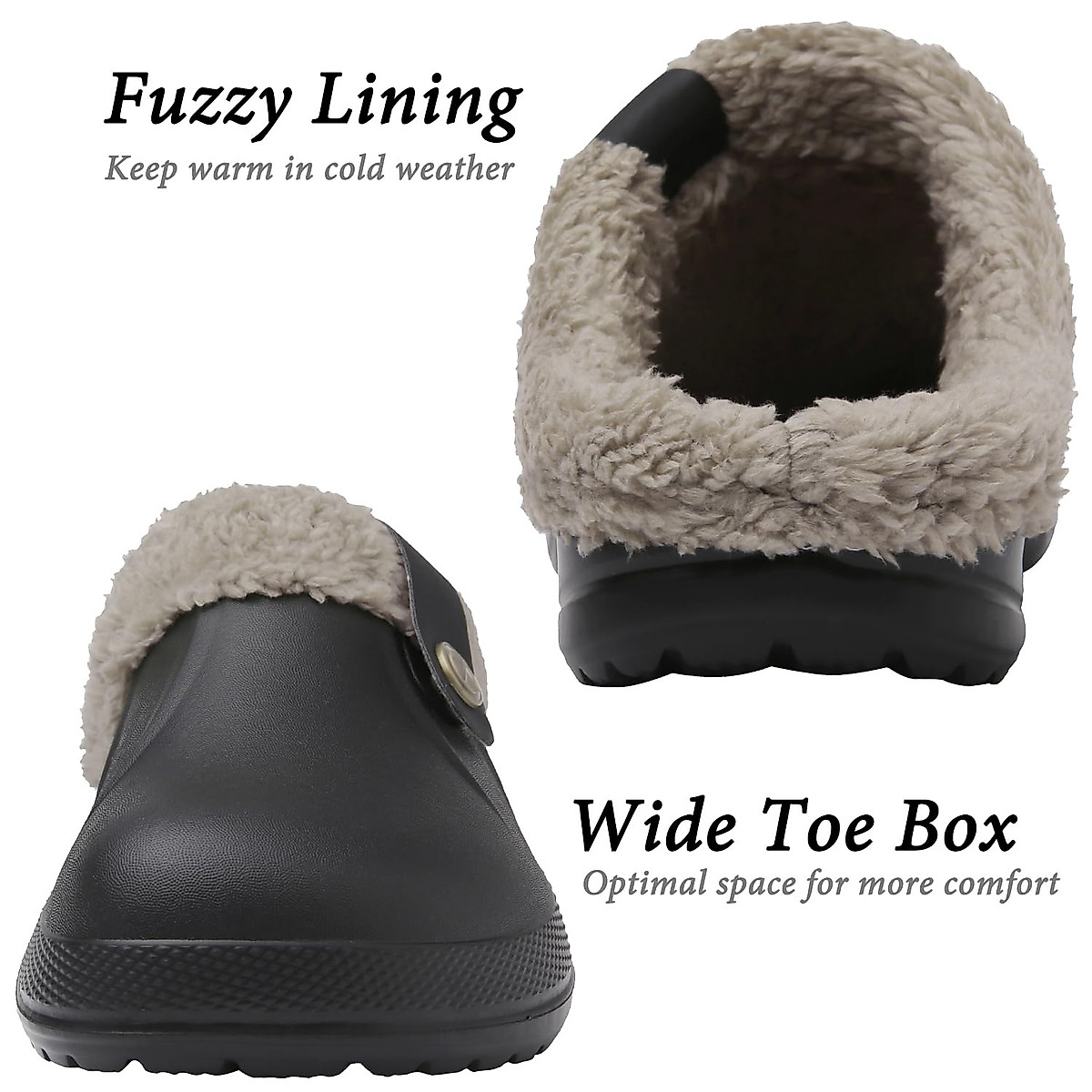 ChayChax Waterproof Slippers Women Men Fur Lined Clogs Winter Garden Shoes Warm House Slippers Indoor Outdoor Mules, Black 1, 8.5-9 Women/7.5-8 Men