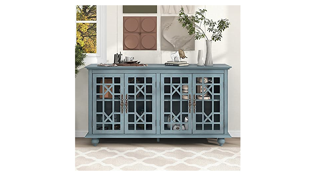 60" Modern Kitchen Sideboard Teal Blue Buffet Cabinet with Storage