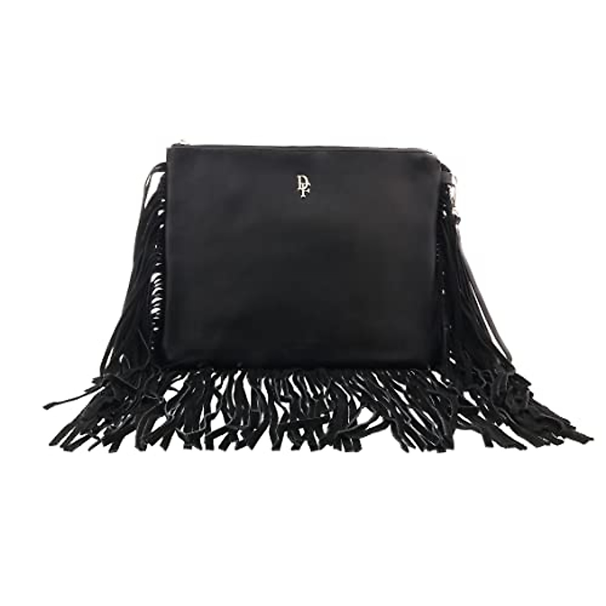 Daniela Fargion Black Leather Suede Fringe Pouch Clutch for womens