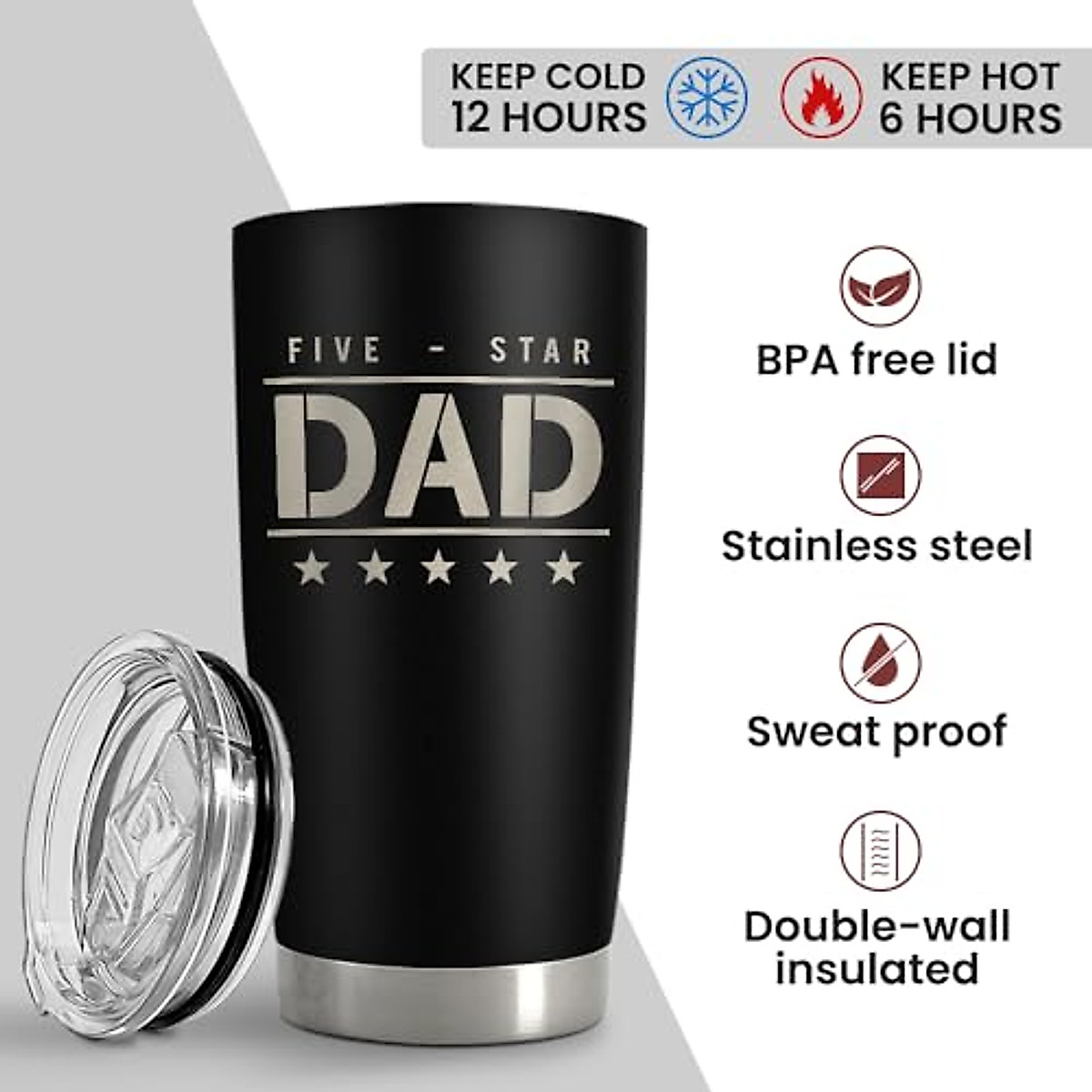 SANDJEST Five-star Dad Tumbler with Lid - Best Dad 20oz Insulated Stainless Steel Mug - Coffee Cup for Travel Sport Outdoor Activities Office, Gift for Birthday Father's Day