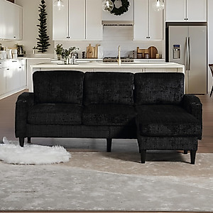 XUWANSHANG 77.36" Modular Sectional Sofa Couch, Chenille Fabric L Shaped Sectional Couches 3 Seater Couches with Storage Ottoman Cup Holders Side Pockets for Small Spaces Living Room Office, Black
