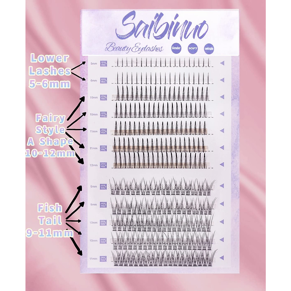 Saibinuo 240pcs Mixed Pack C Curl False Eyelash Extension Individual Lashes Lower Bottom Lash (5-6mm) Fairy Style A Shape (10-12mm) Fish Tail (9-11mm) Natural Clusters, 240 Count (Pack of 1).
