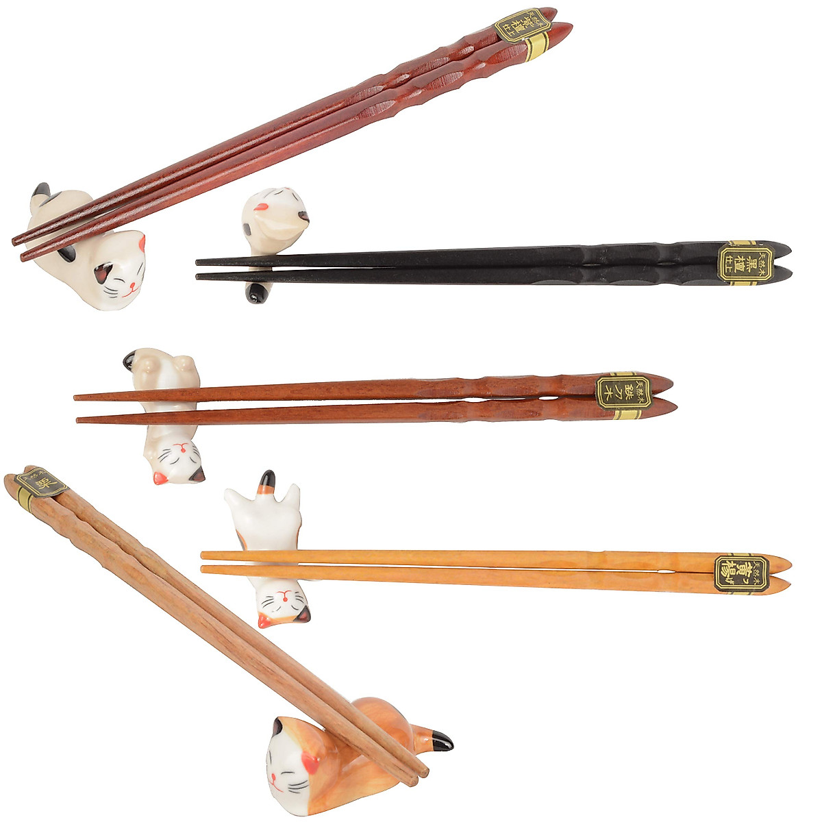 Chopsticks and Chopstick Holder, Cat Chopstick Holder | Japanese Style Chopsticks | Lucky Cat Chopsticks Rest Holder 5 Cats | Lucky Cat Chopsticks, Japanese Chopstick with Lucky Cat Rest