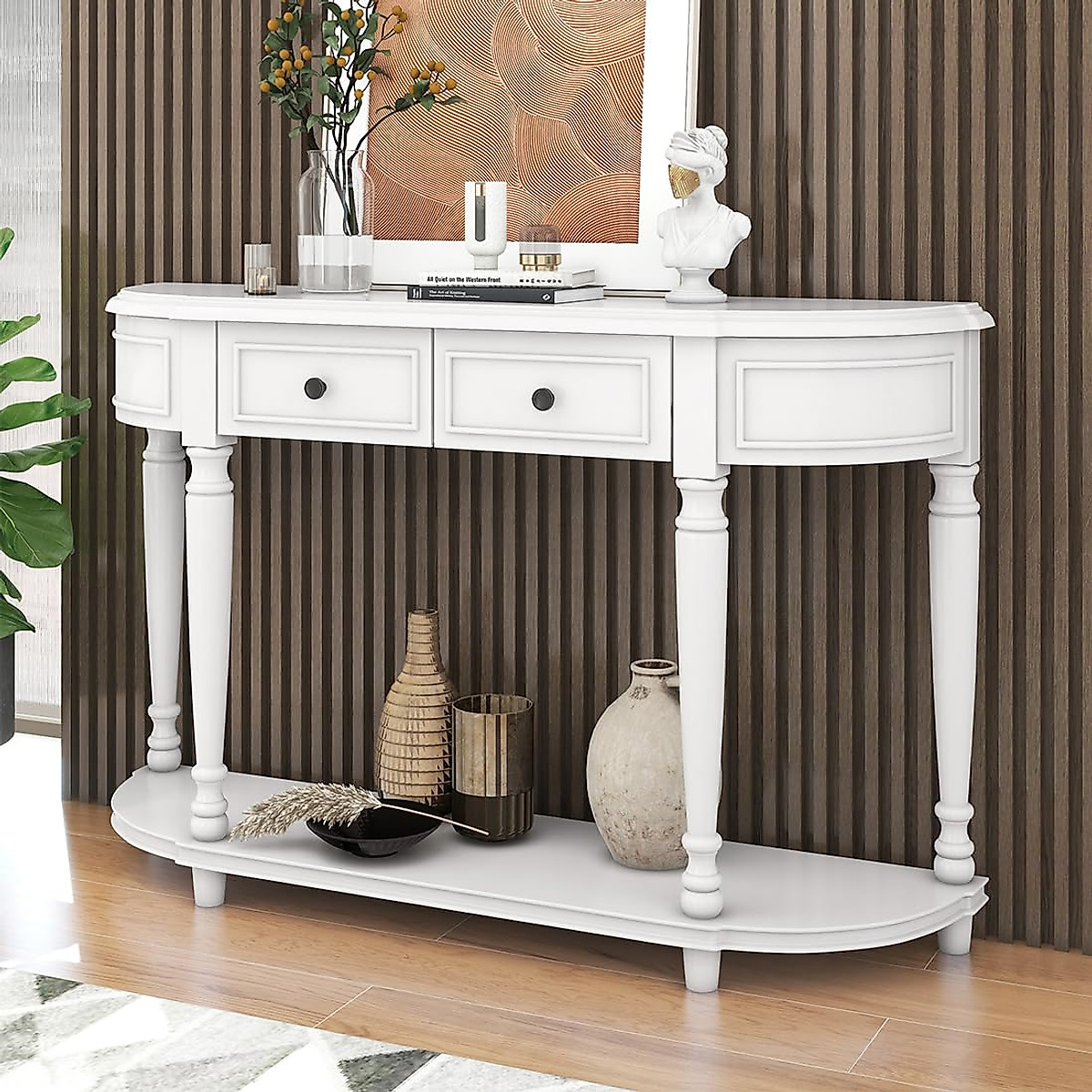 Retro Circular Curved Design Console Table with Open Style Shelf Solid Wooden Frame and Legs Two Top Drawers Ample Storage, Shape Console Table for Hallway Living, Dining Room (Antique White)