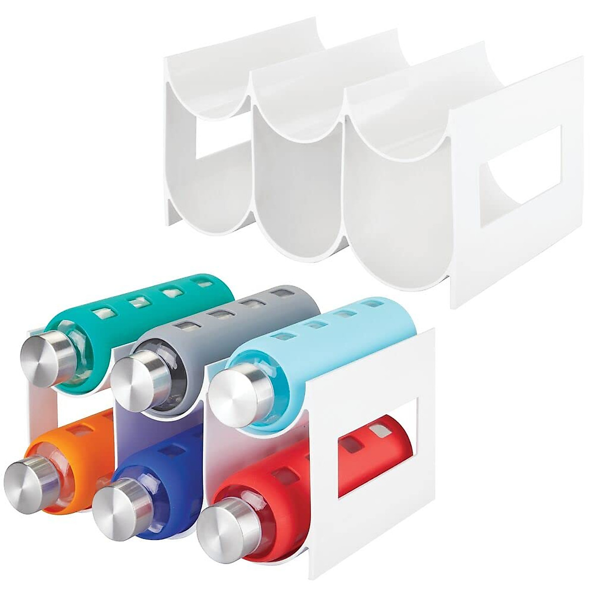 mDesign Plastic Modern Free-Standing Bottle Rack Storage Organizer Holder for Kitchen, Cabinet, Pantry, Fridge, Freezer Organization - Hold Water Bottles, Wine - Lumiere Collection - 2 Pack - White