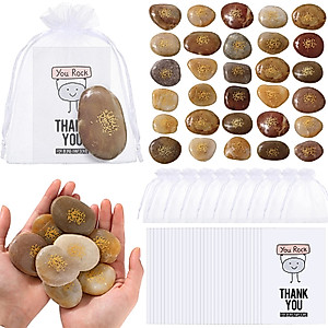 Roowest 30 Sets Employee Appreciation Gifts Thank You You Rock Engraved Inspirational Rocks Faith Stones, Kudos Cards Thank You Notecards and White Organza Bags for Coworkers Staff
