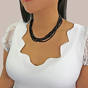 MGR Multi-Strand Layered Bib Collar Statement Beaded Crystal Necklace in Jet Black.