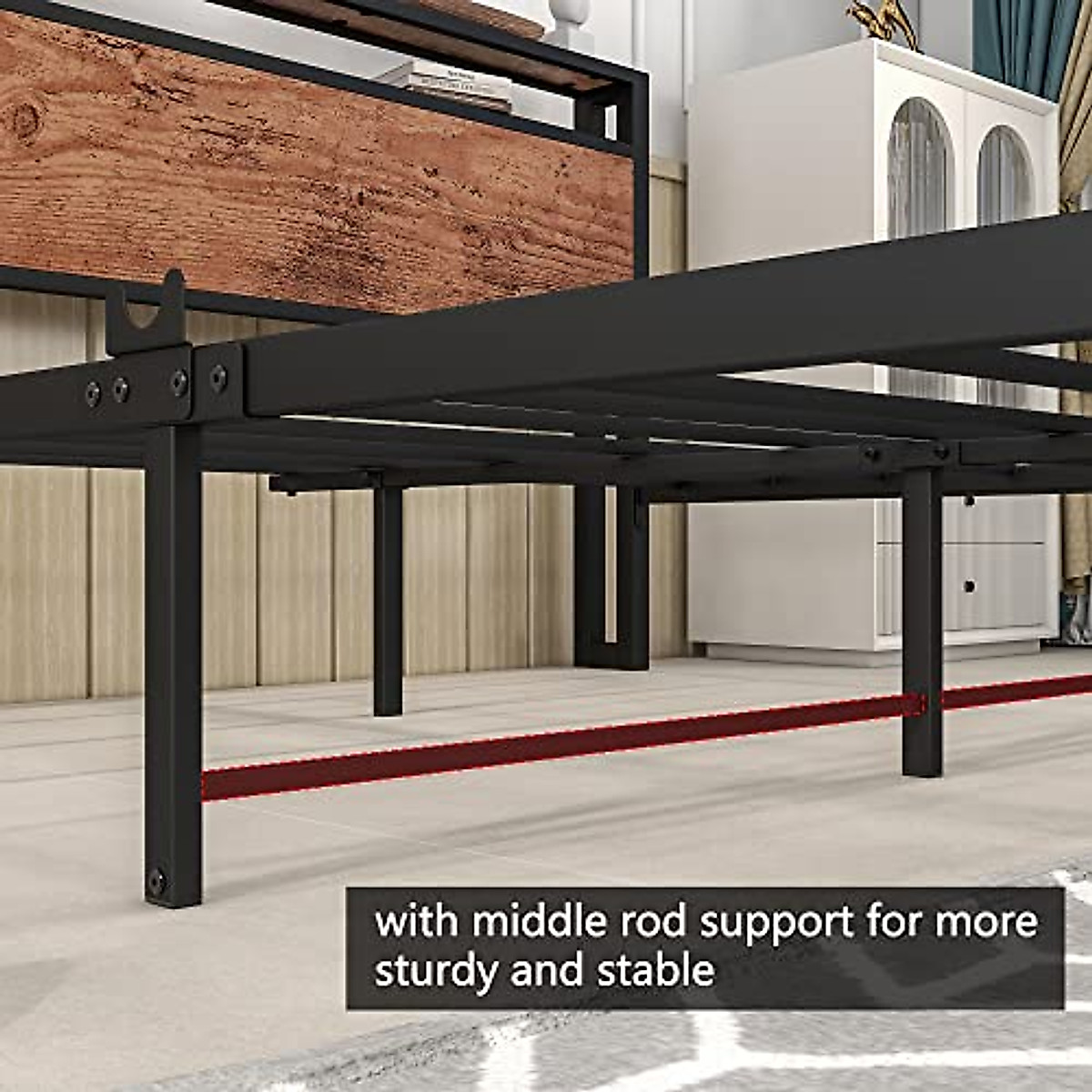 HOJINLINERO Bed Frame Queen Size with Storage Headboard/Power Outlets/USB Ports Charging Station,Metal Bed Frame Queen Size No Box Spring Needed,Under Bed Storage,Easy Assembly,Rustic Brown