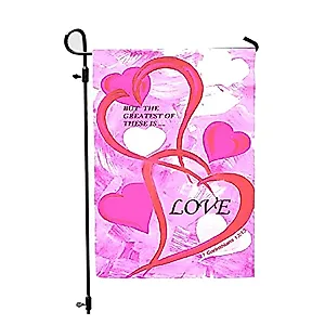 Valentine's Day Love Garden Flag - Pink Valentines Day Spring Welcome - Religious Bible Verse Yard flags - But the greatest of these is love - Double Sided by Jolly Jon