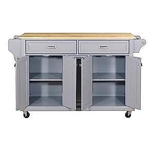 LKTART 51'' Mobile Kitchen Island Extensible 60.5''Solid Wood Table Top with 3 Drawers 4 Doors Spice Rack Towel Rack Movable on Wheels Kitchen Island for Kitchen