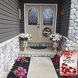 Heart Truck Garden Flags, Happy Valentine's Day Heart Tree Garden Flag 12.5 x 18 Inch Vertical Double Sized Burlap Flag for House Yard Outdoor Decor