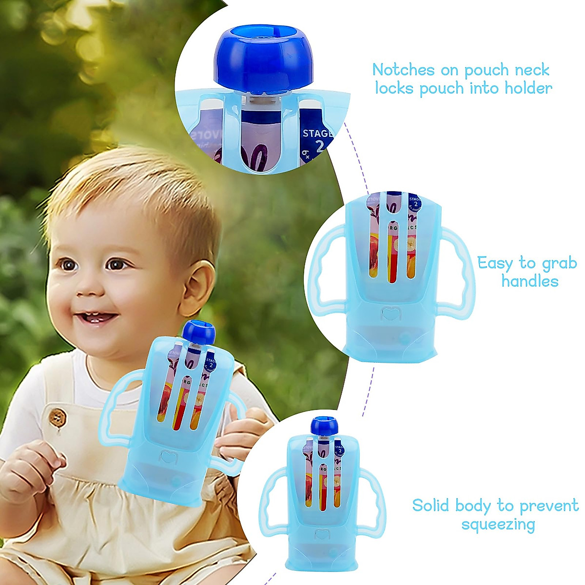 Squeeze Proof Holder for Food Pouches & Juice Boxes, Universal Multipurpose Design, Makes Baby More Fond of Self-Feeding, Prevent Messes, Food Safe (Blue)