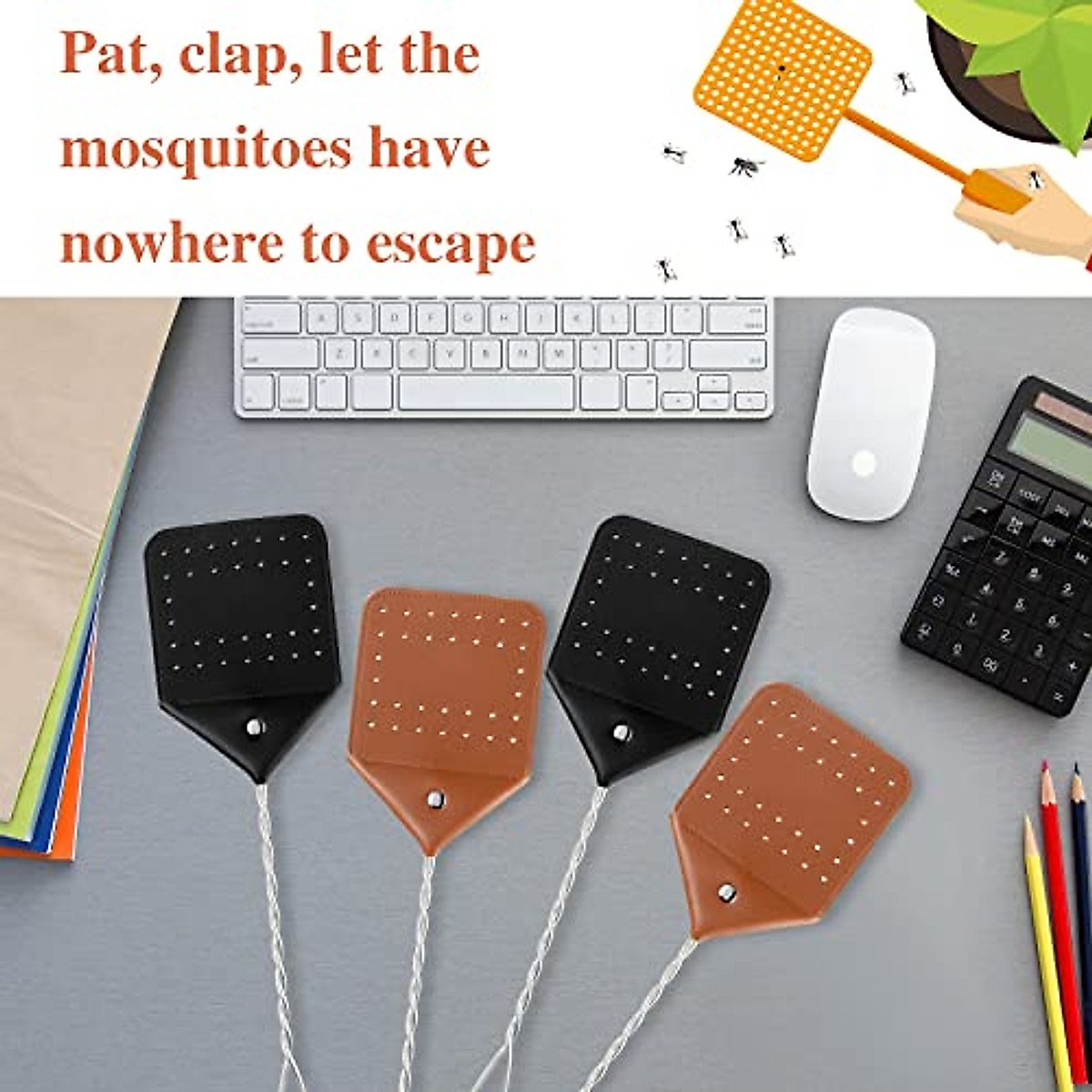 8 Pack 17" Leather Fly Swatter Manual Heavy Duty Flyswatter with Long Handle Rustic Wasp Swatter for Kitchen Home Indoor Outdoor Flies (Black, Brown, Metal Handle)