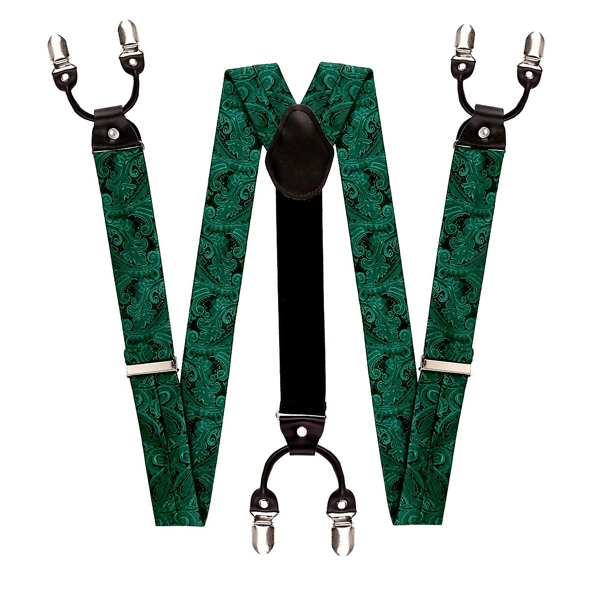 Alizeal Paisley Suspenders and Self Tied Bow Tie for Men with Pocket Square Set, Dark Green