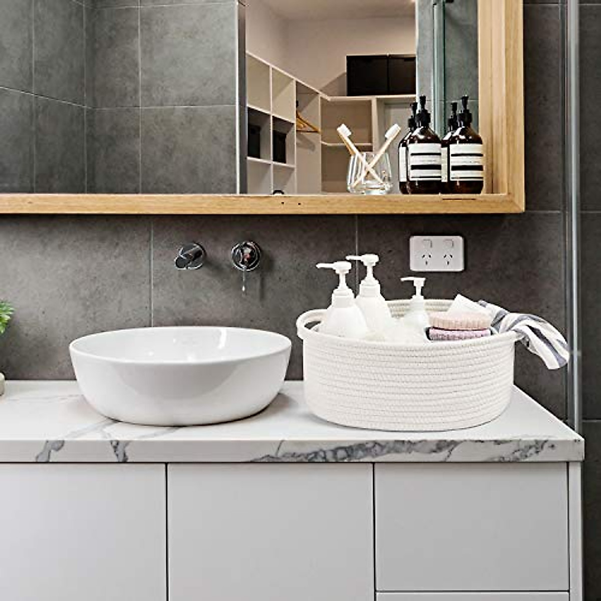 Cotton Rope Basket with Handles 13.4" x 8.7" X 5.9" Woven Cotton Rope Storage Baskets are Ideal for Toy Baskets Laundry Baskets Blanket Baskets and Nursery Baskets（White）