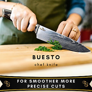 BUESTO Professional Chef Knife - 7cr17mov HC Japanese Knife - 8'' Kitchen Knife - Chefs Knife with Knife Sharpener - Ergonomic Handle Sharp Knife - Unique Gifts for Men and Women - Premium Gift Box