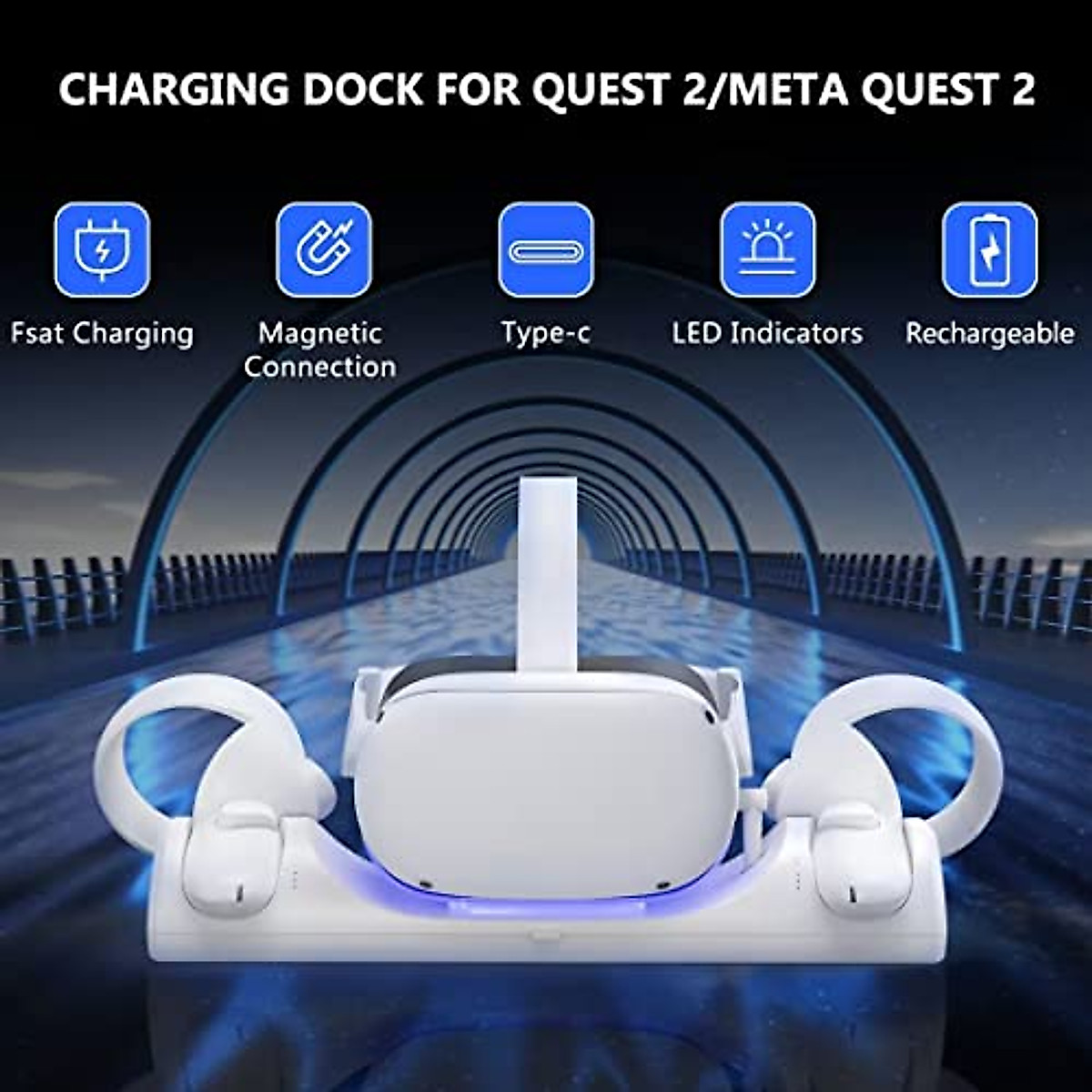 VR Charging Station for Oculus Quest 2/Meta Quest 2, Charging Dock Supports LED indicator/Simultaneously Magnetic Charging Headset and Touch Controller, with 2 Rechargeable Batteries and USB-C Charger