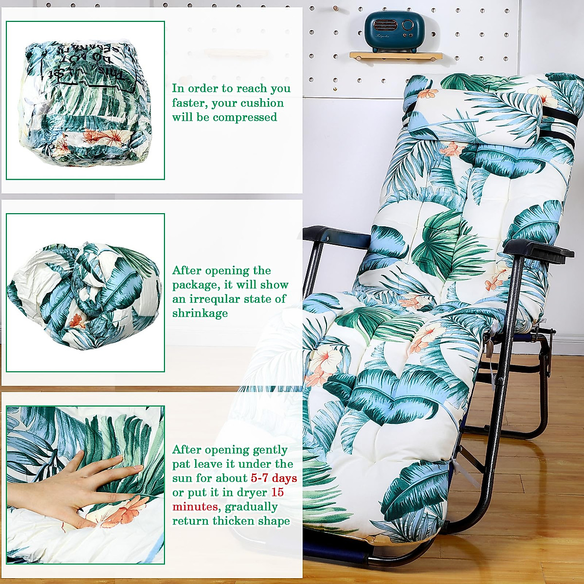 Wesiti Outdoor Lounge Cushion Lounger Chair Cushion Patio Chaise Replacement 67 x 21 Inch Rocking Cushion for Furniture Sofa Non Slip Floral Thick High Back Chair Pads with Headrest 8 Ties