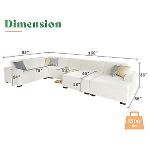 AMERLIFE 162Inch Oversized Sectional Sofa, U Shape Couch with Corner Seat, Corner Sofa with Right Facing Oversized Double Chaise, Large Sofa for Living Room, White Corduroy