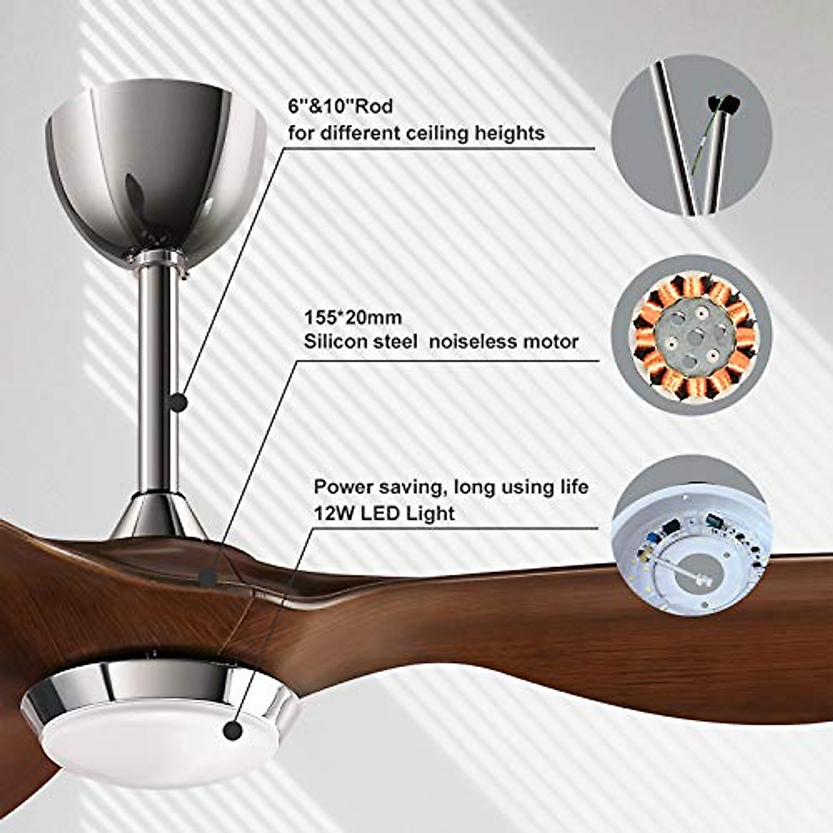 reiga 52-in Brown Modern Ceiling Fan with 3 Wood Grain Color Blades Dimmable LED Lights Remote Control Reversible ETL DC Motor, Timer, Silent Ceiling Fans for Living Room, Farmhouse, Garage