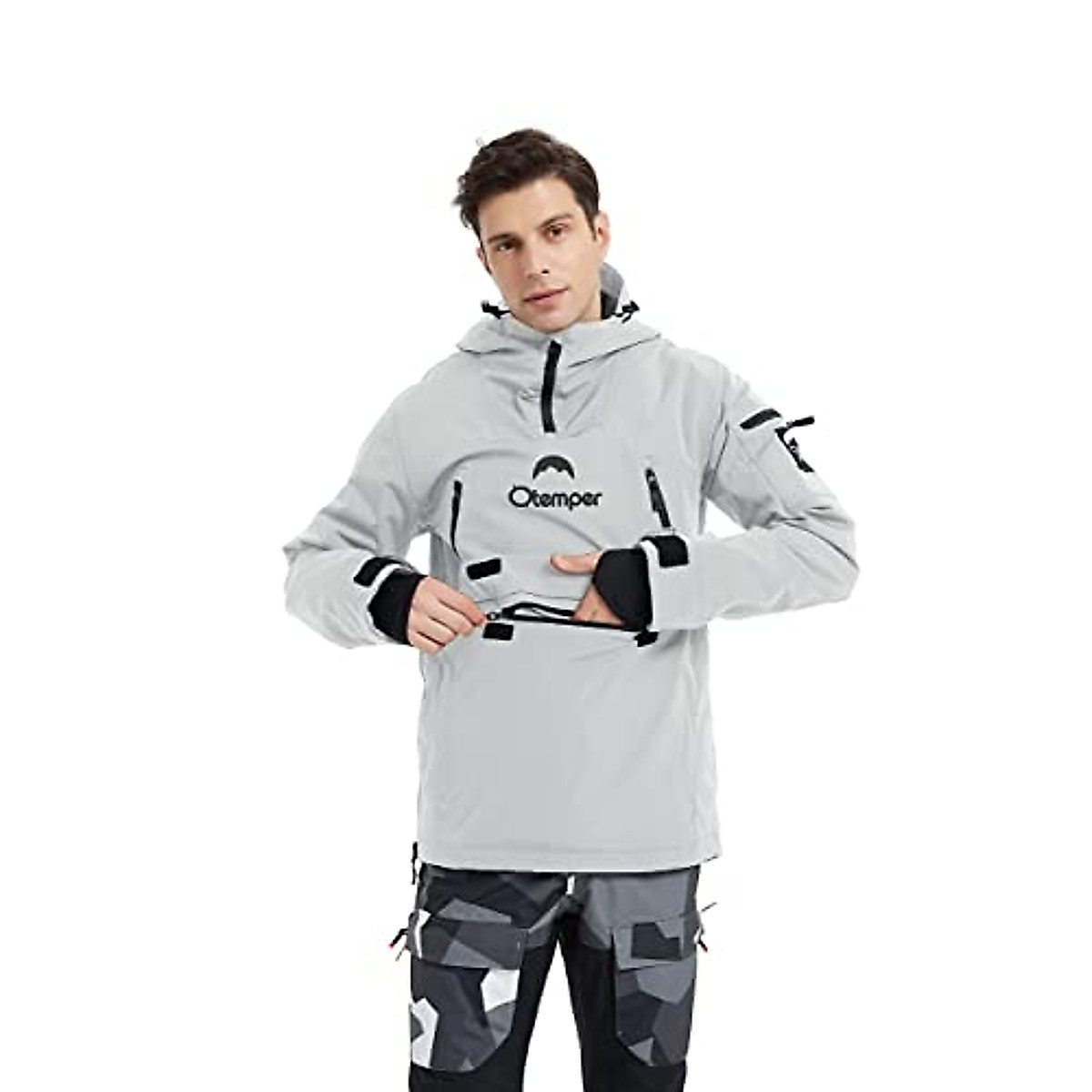 kirnusino Mens Ski Jacket Snow Coat for Men Windbreaker Waterproof Mountain Hooded Sweatshirt with Shoulder Pass Card Pocket Windproof Warm Winter Coat-Grey-L