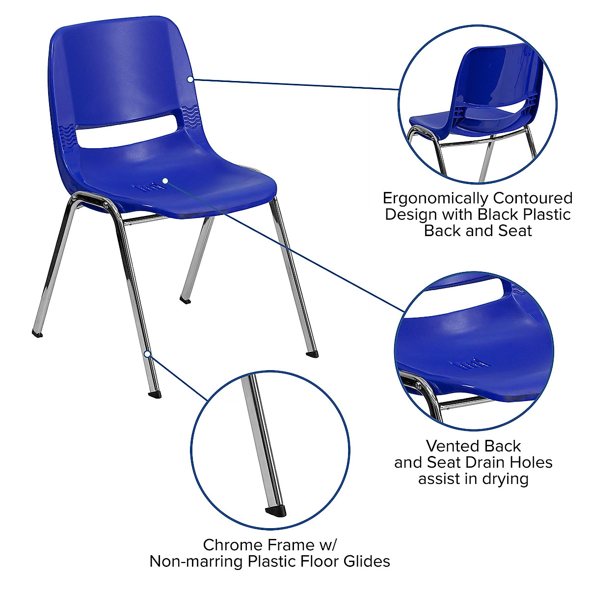 Flash Furniture HERCULES Series 880 lb. Capacity Navy Ergonomic Shell Stack Chair with Chrome Frame and 18'' Seat Height