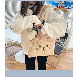 Fluffy Underarm Bag Y2K Fuzzy Plush Tote Bag Cute Cartoon Bear Aesthetic Shoulder Bag Accessories for Autumn Winter (Kakhi)