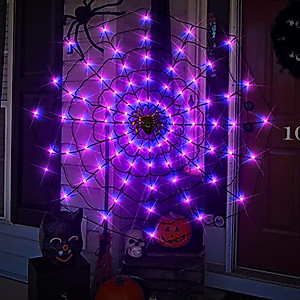 Remon 4Ft Light Up Spider Web Halloween Decorations, 96 Purple LED Waterproof Spider Web Lights with Big Spider, 8 Flashing Modes Battery Powered for Halloween Home Window Yard Garden Indoor Outdoor
