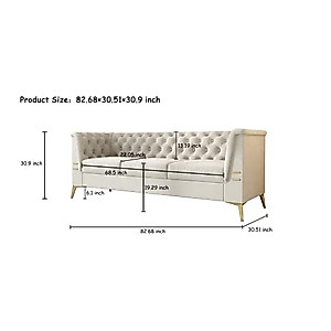 MeiBoAll 83" Beige Chesterfield Velvet Sofa Couch Button-Tufted Accenting with Flared Arm&Metal Legs Removable Cushion Seat, Retro Modern Contemporary Chesterfield 3 Seat Sofa for Livingroom Furniture