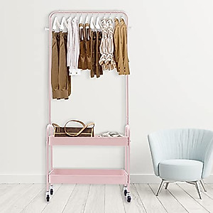 Modern Garment Rack Clothing Stand with 2 Tier Metal Basket and Universal Wheel Square Suit Dress Garment Rack Dress Display Stand Floor Hanger Storage Rack for Home Wedding Clothing Store (Pink)