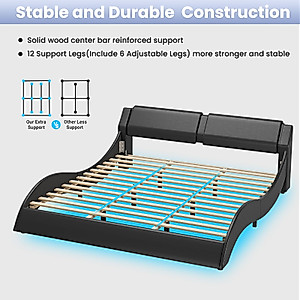 DICTAC King Led Bed Frame Modern Faux Leather Low Profile Platform Bed Frame King Size with RGB LED Lights and Headboard Wave Like Curve King Bed Frame,Wood Slats Support,Easy Assembly,Black