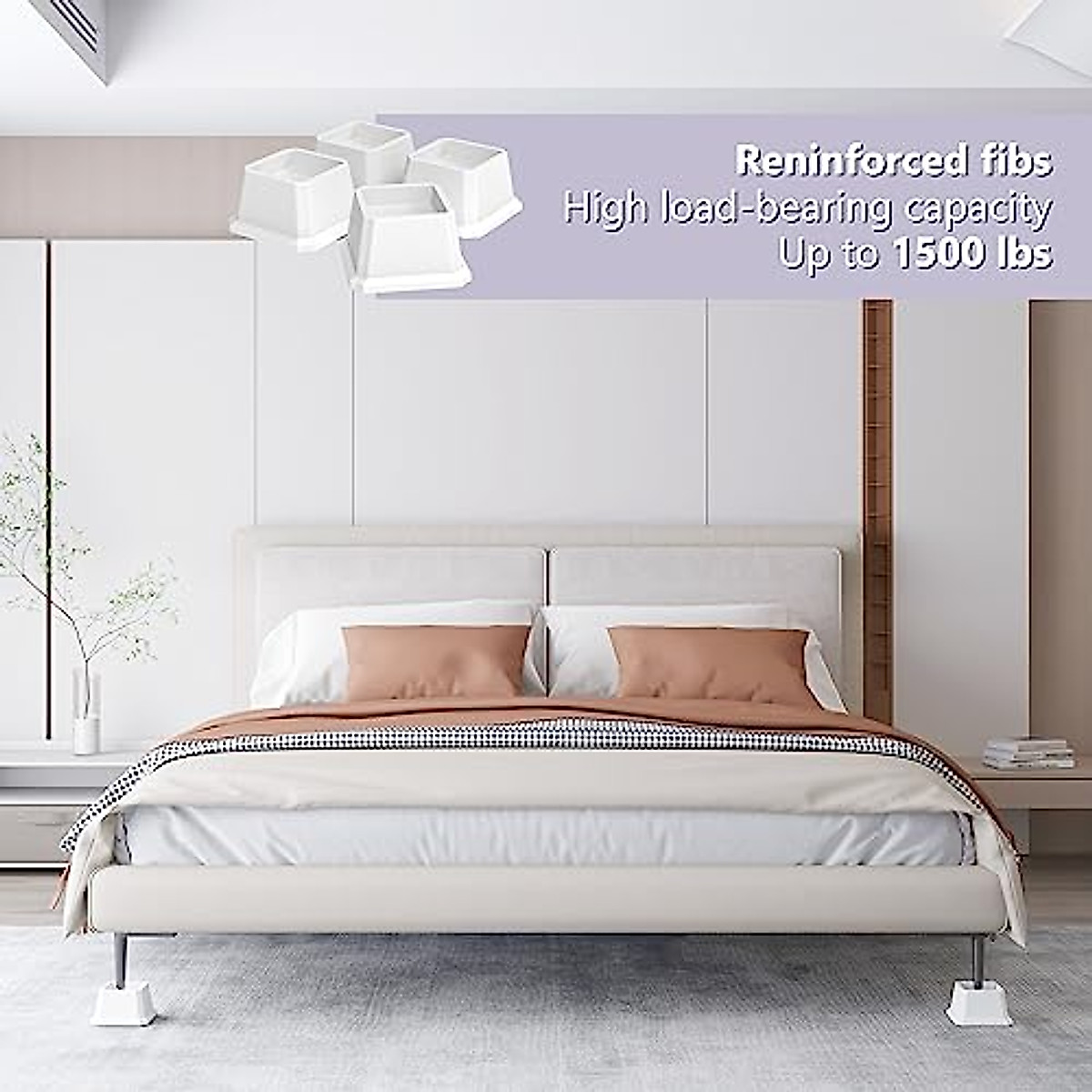 Napnapday Bed Risers 3 Inch Heavy Duty Bed Furniture Elevators, 1,500 lbs Lifts Up Riser for Sofa and Table Set of 4, White