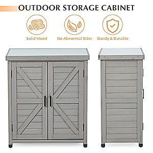 Outdoor Storage Cabinet & Potting Bench Table with Metal Top, Wooden Patio Furniture, Garden Workstation