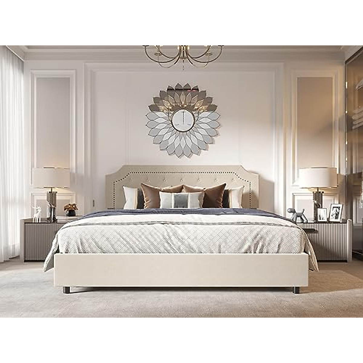 BONSOIR Queen Size Sand Color Bed Frame Upholstered Low Profile Traditional Platform with Tufted and Nail Headboard