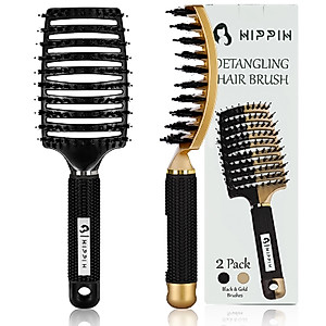 Boar Hair Brushes 2 Pack, Suitable for Men, Women & Kids’ Long Curly Wet or Dry Hair, HIPPIH Hairbrush for Thick Hair Can Adds Shine and Makes Hair Smooth