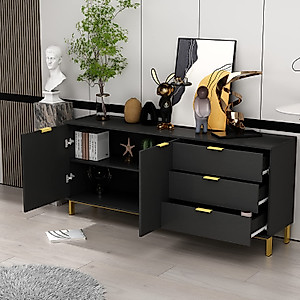 AIEGLE Sideboard Buffet Cabinet with 3 Drawers & 2 Doors for Kitchen, Entryway Cupboard with Gold Metal Legs, Black (62.9" L x 15.7" W x 27.5" H)
