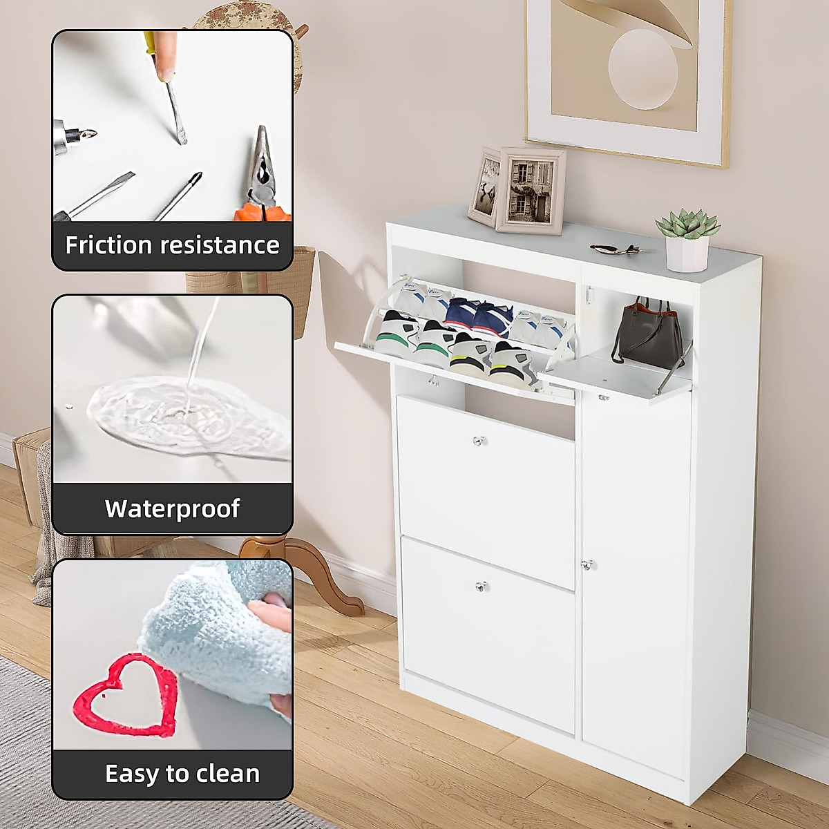 HOPUBUY White Shoe Cabinet for Entryway, Shoe Storage Cabinet for Larger Shoes, Hidden Shoe Organizer with Door, Modern Shoe Storage Cabinet for Men Women's Heels, Boots, Slippers